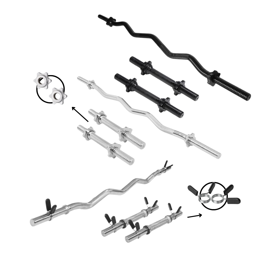 Set gantere cu 2 gantere scurte, bară SZ Curl și cleme